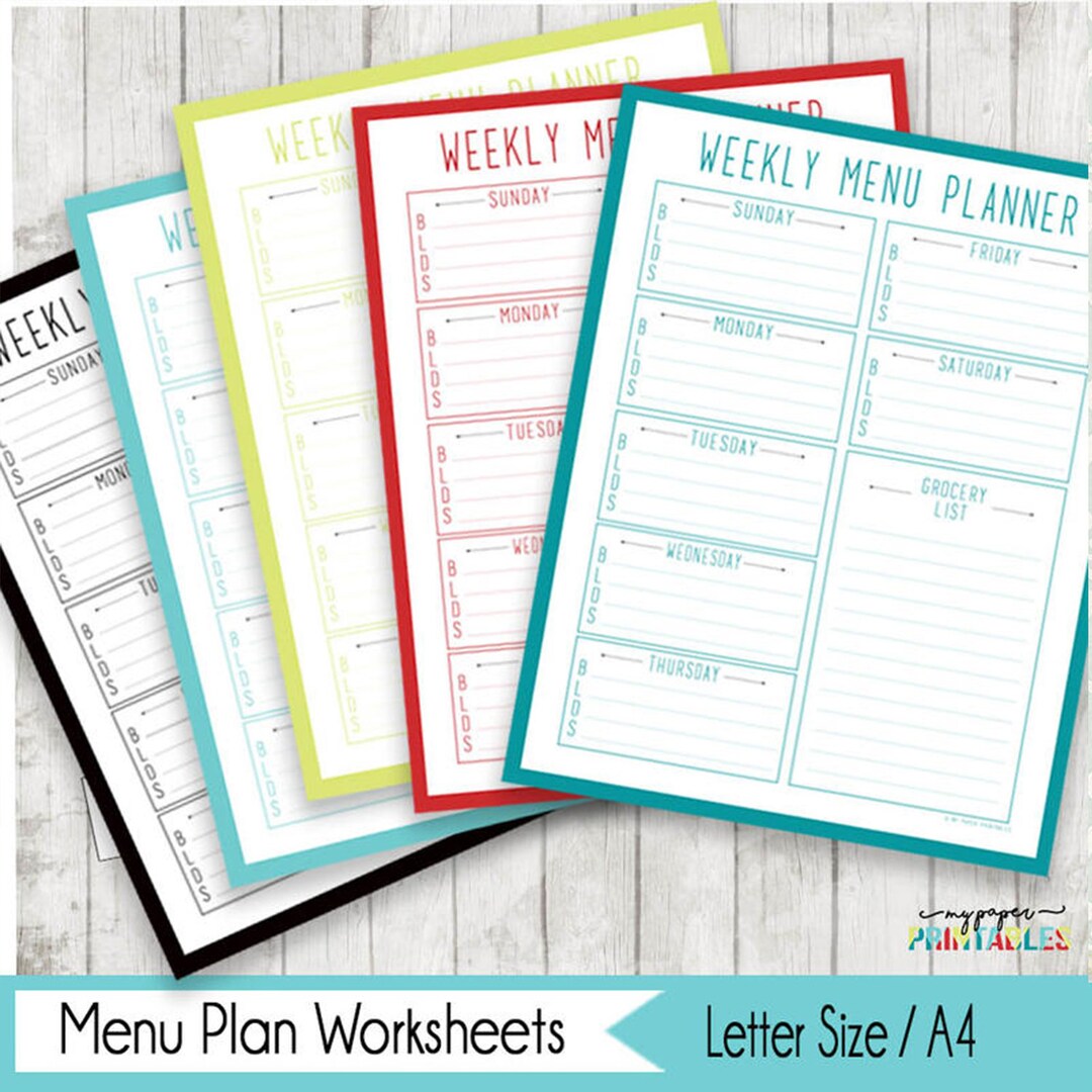 Weekly Menu Planner PRINTABLE - 5 Pages Black Teal Blue Lime Red ...