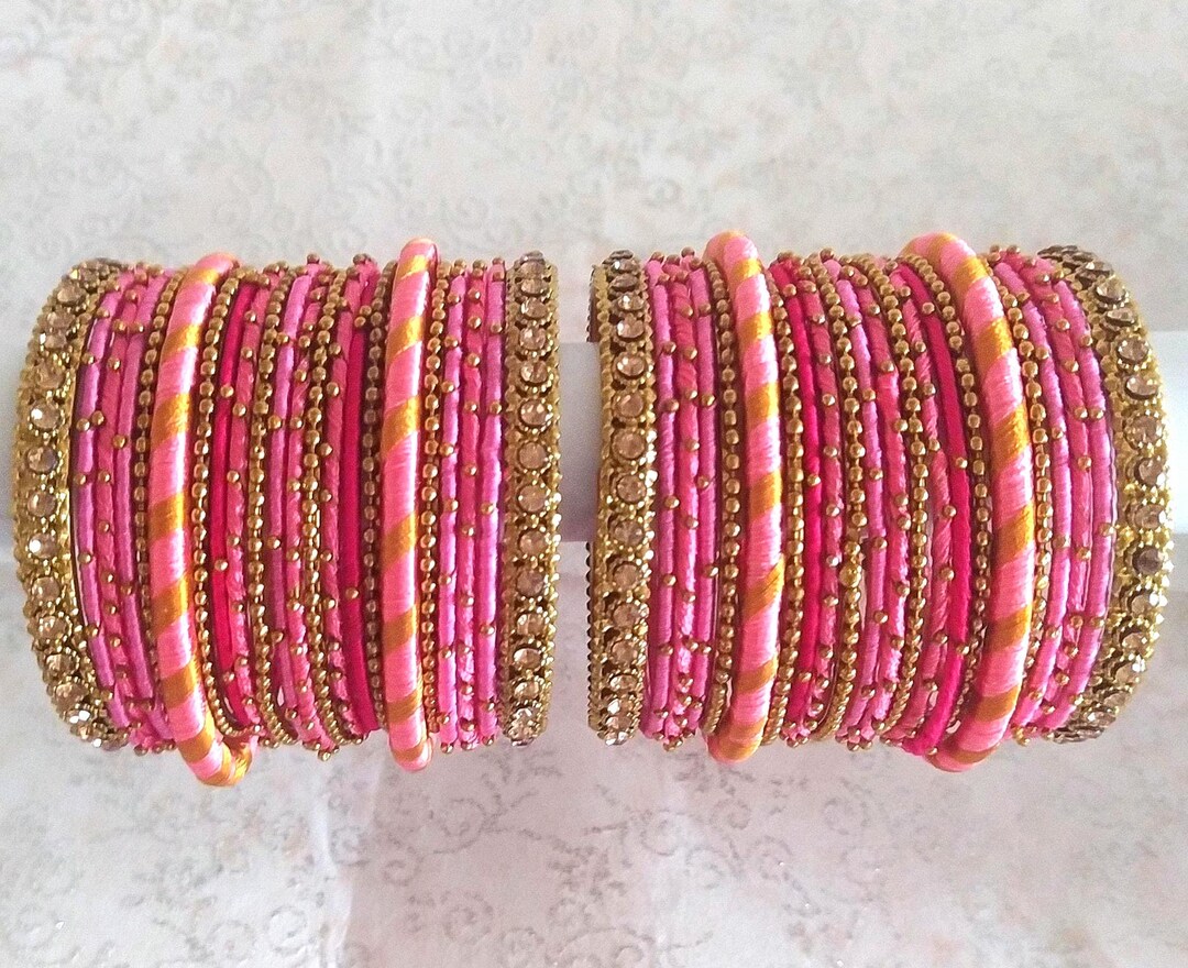 Shades of Pink and Gold Coloured Silk Thread Bangles, Set of 44 for ...