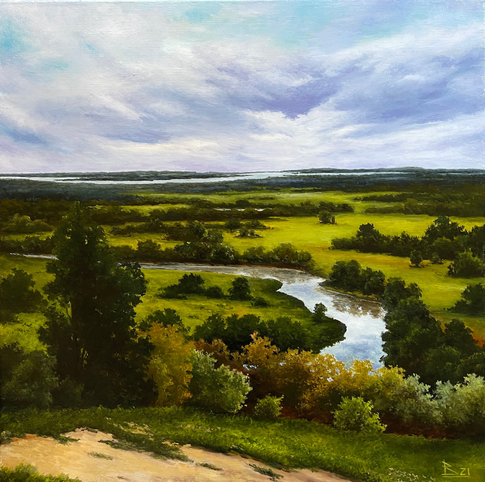 Hills and Plains Oil Painting, Contemporary River Landscape Art, 23 ...