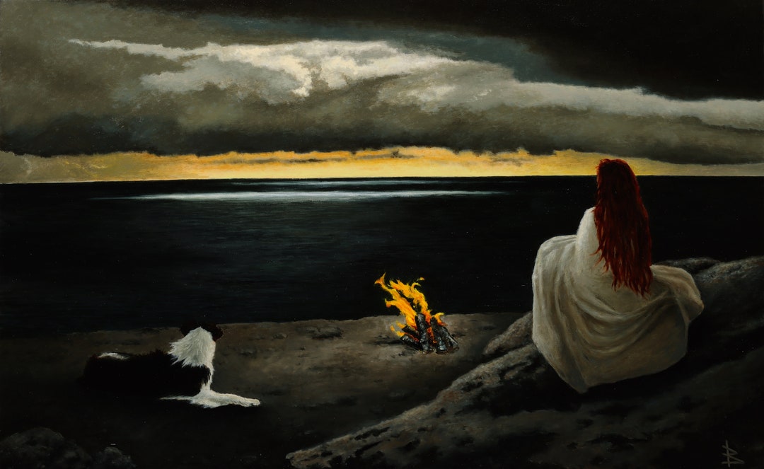 Seascape Oil Painting, Girl and Dog by Fire, Academic Realism - Etsy