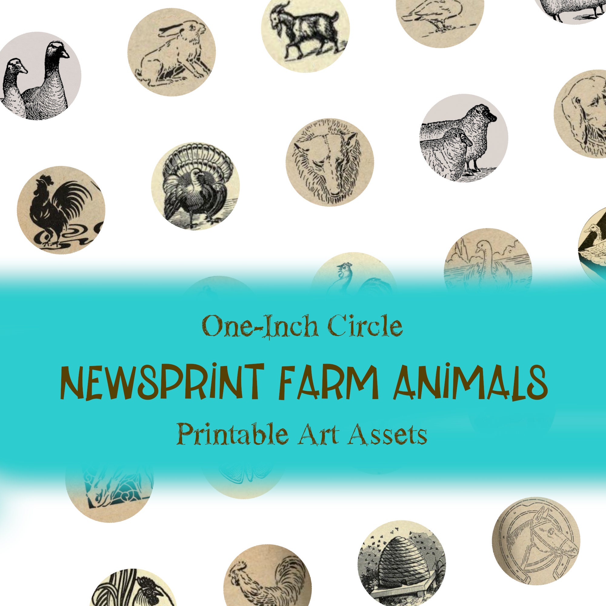 Farm Animal Collage Sheet - Vintage Newsprint 1-inch Circles (digital ...