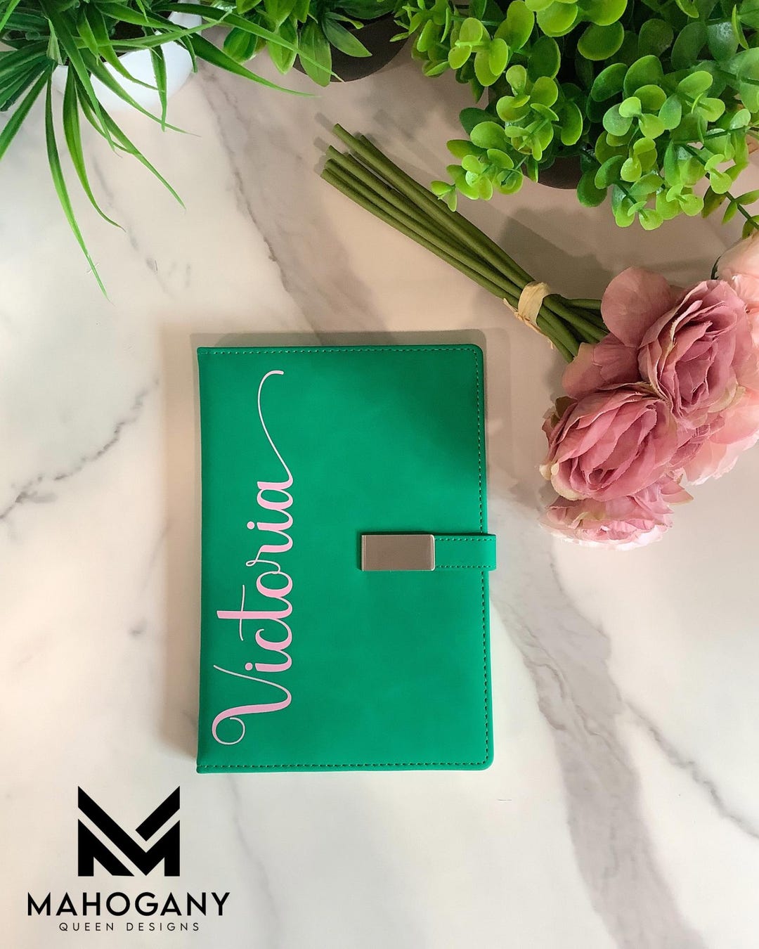 Elegant Personalized Journal, Green and Pink, Notebook, Custom Journal ...