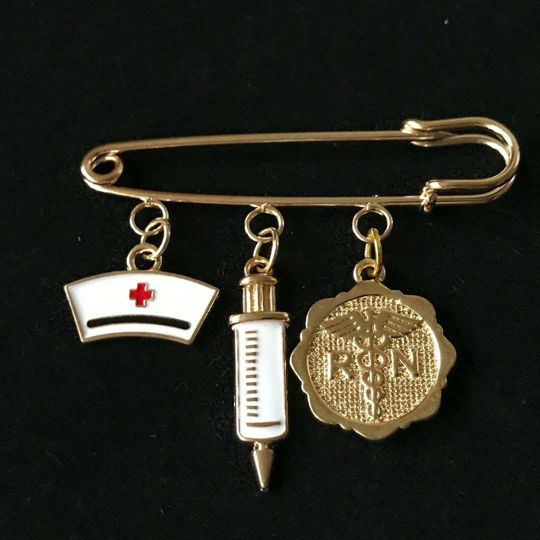Nursing Cap Caduceus Pin Brooch Syringe RN Nurse Graduation Gift Gold ...