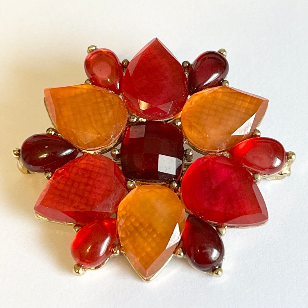 Vintage Lauren Conrad Red Orange Flower Brooch Pin Gold Tone Resin ...