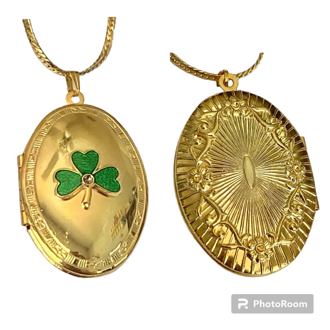 Vintage Shamrock Locket Pendant Necklace Irish Clover Gold Plated Photo ...