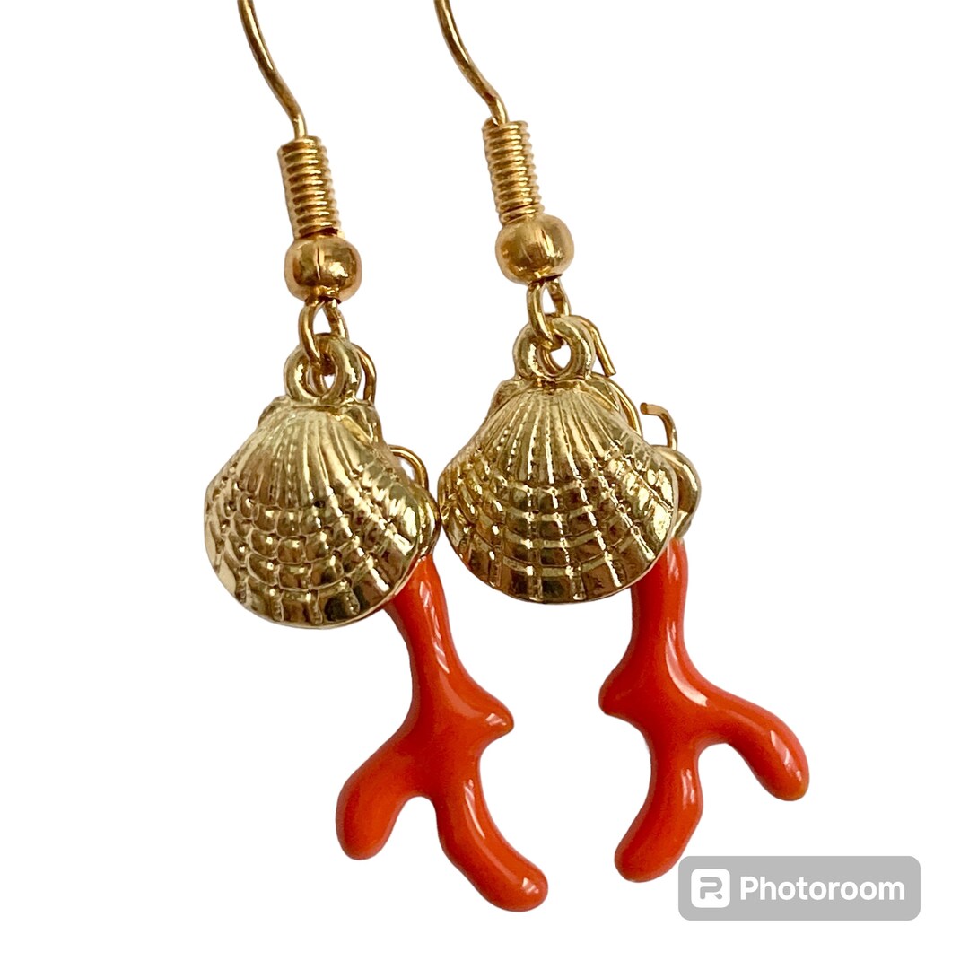 Gold Coral Sea Shell Charm Earrings Red Orange Island Beach Nautical ...