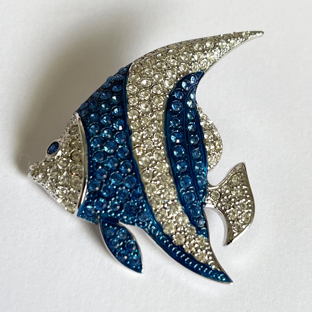 Vintage Angelfish Brooch Pin Crystal Rhinestone Blue Silver Plated Jean ...