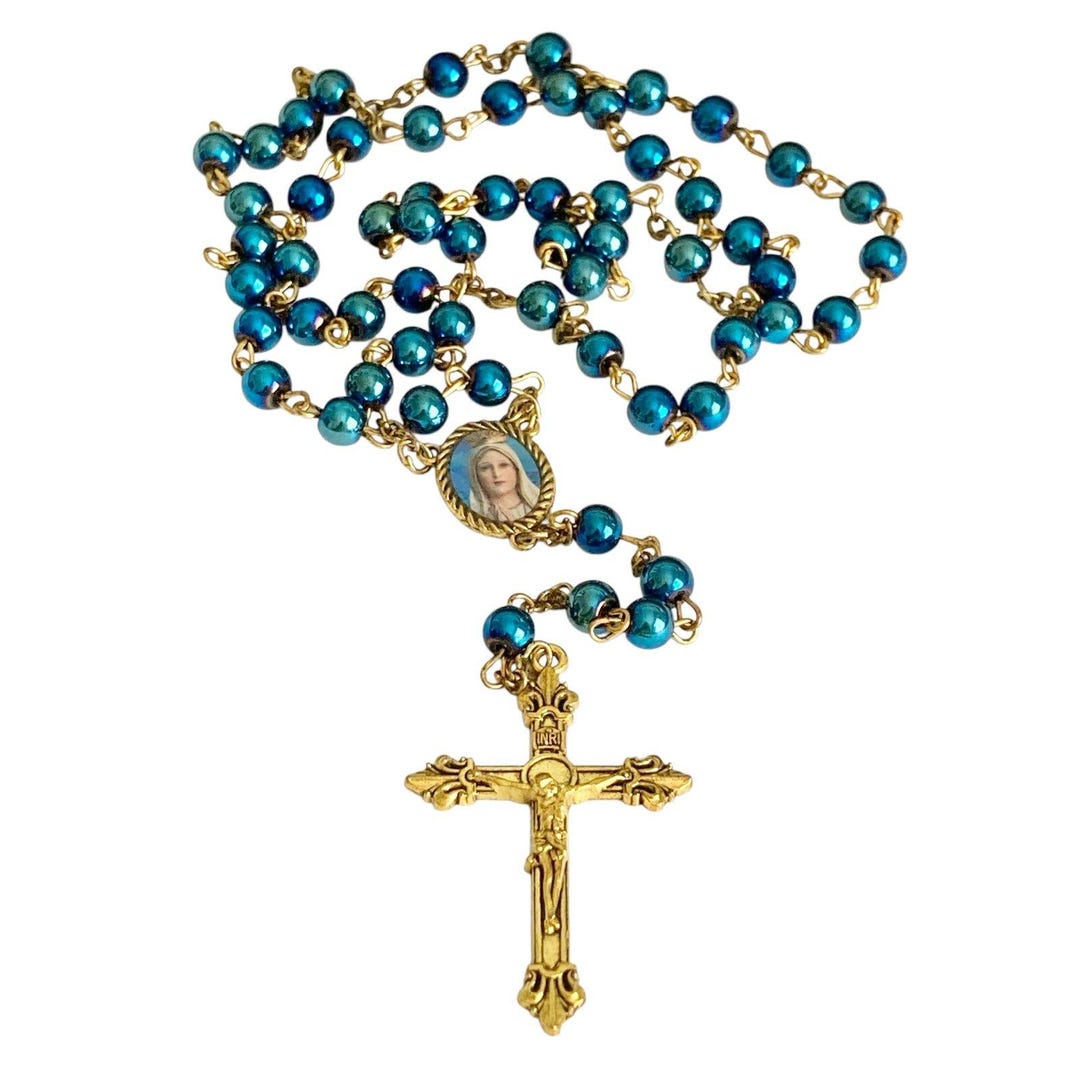 Vintage Blue Bead Gold Cross Rosary Crucifix Mary Star of the Sea ...