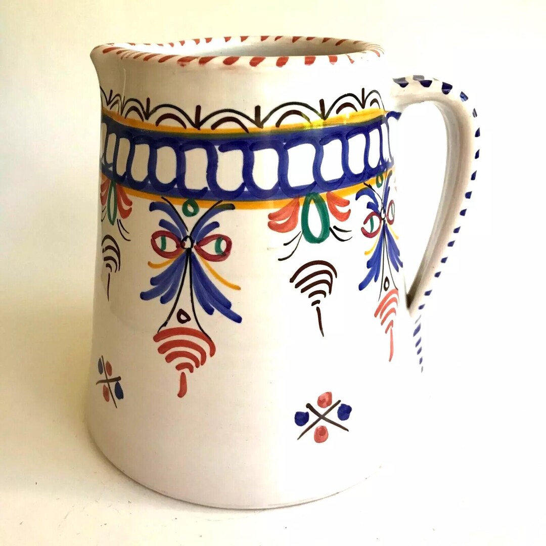 Vintage Spanish Talavera Clay Pottery Pitcher Vase White Blue Signed ...