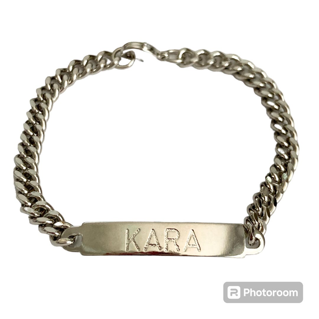 Vintage Name ID Bracelet KARA Silver Tone Rhodium Plated 7.5