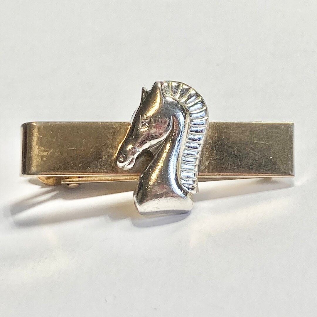 Vintage Chess Knight Horse Tie Bar Clip Gold Silver Two Tone Mens Gift ...
