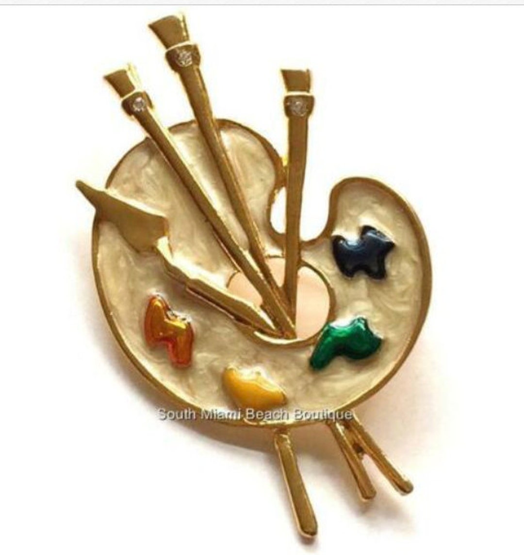 Artist Palette Brooch Pin Art Graduation Paint Brush Gold Plated Enamel ...