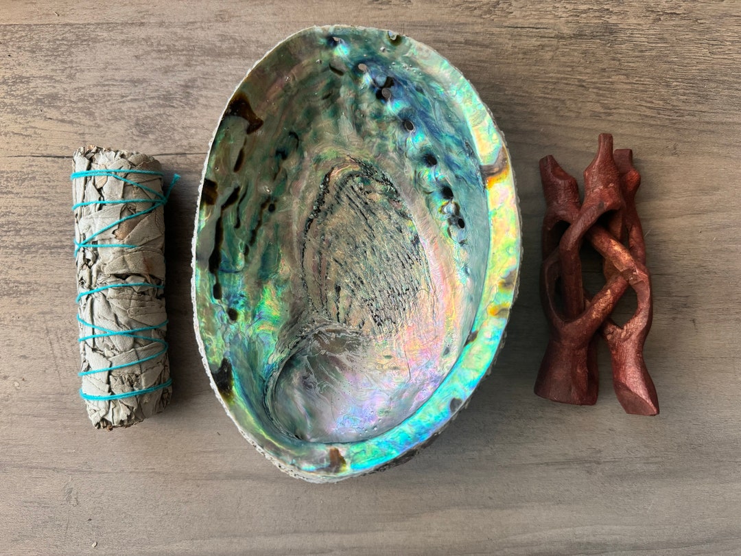 White Sage Smudge Kit, Smudge Stick, Abalone Shell, and Stand ...