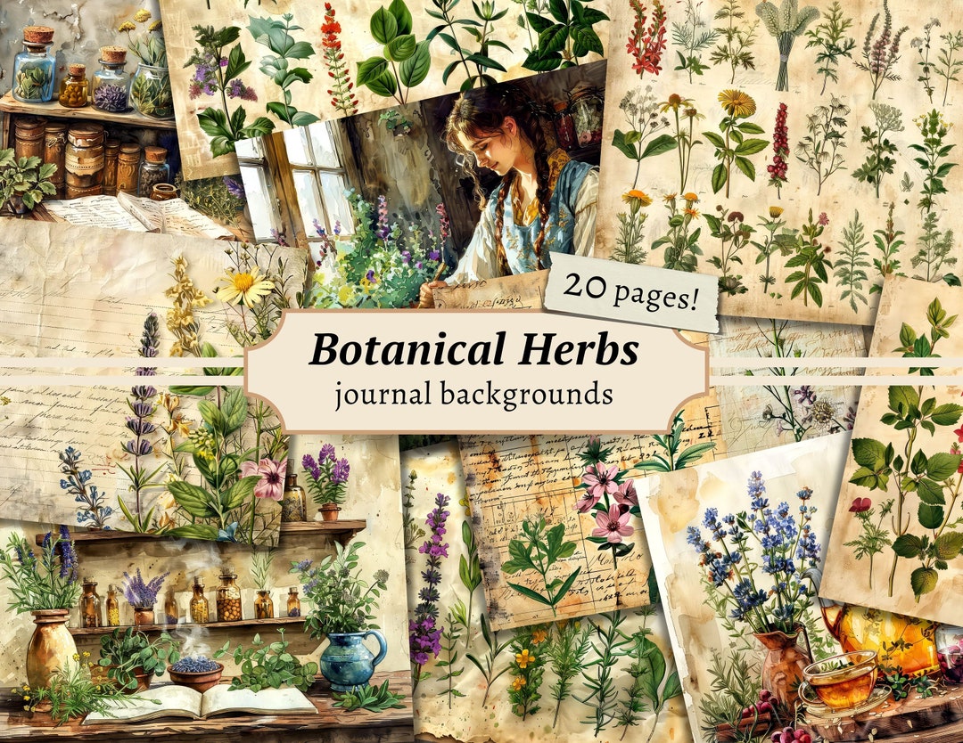 Botanical Herbs Backgrounds, Digital Scrapbook Paper, Apothecary ...