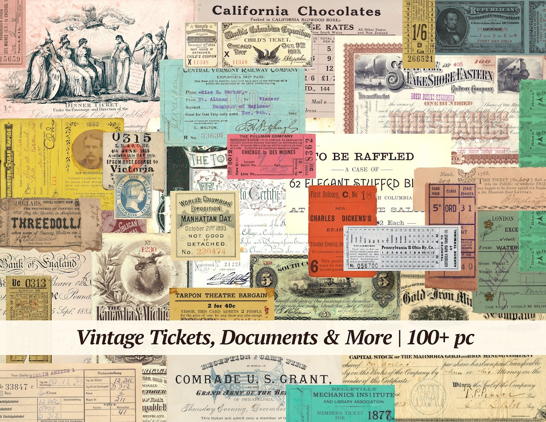 Vintage Ticket Ephemera | 100+ Pc | Old Documents, Printable Stamps ...