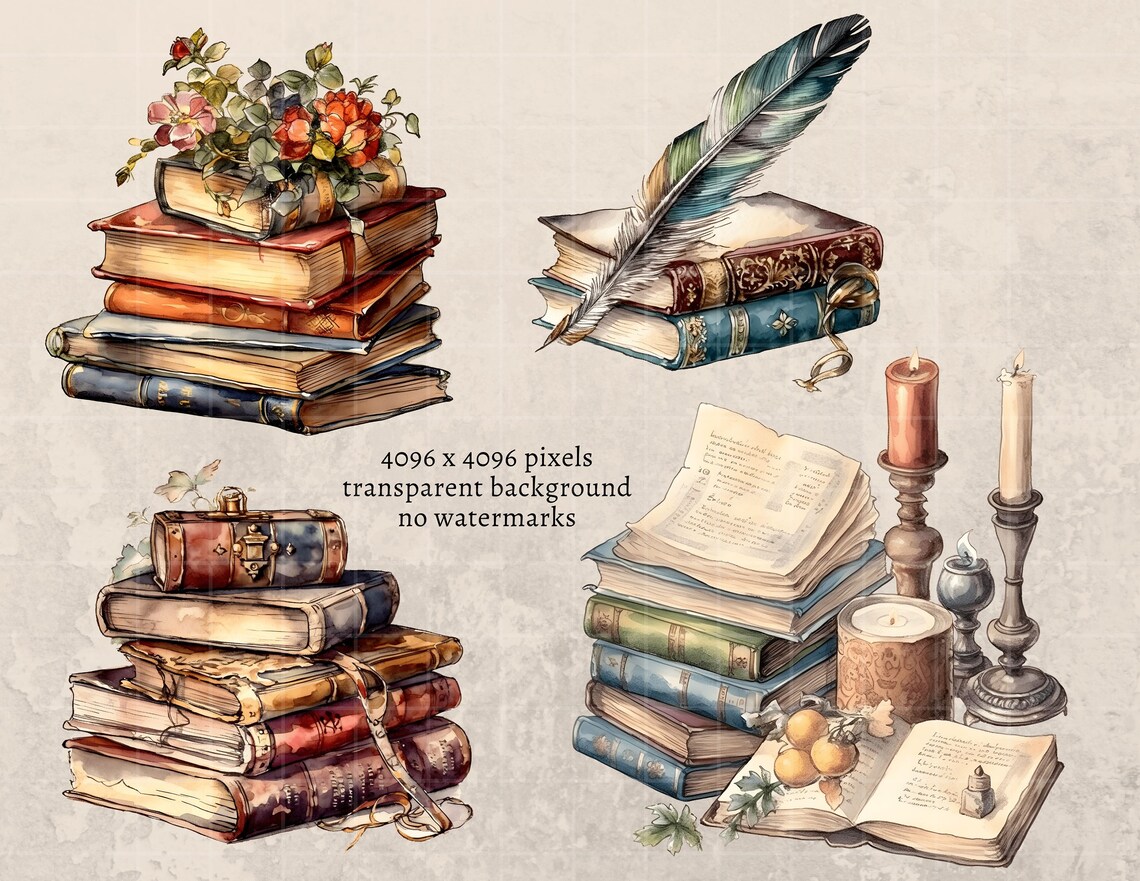 Watercolor Books Clipart Vintage Books Clip Art Antique Book - Etsy