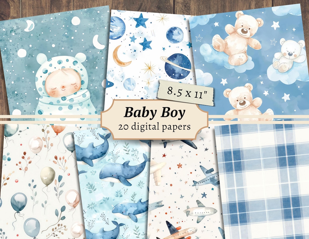 Baby Boy Digital Papers, Pastel Blue Scrapbook Kit, Boho Nursery ...