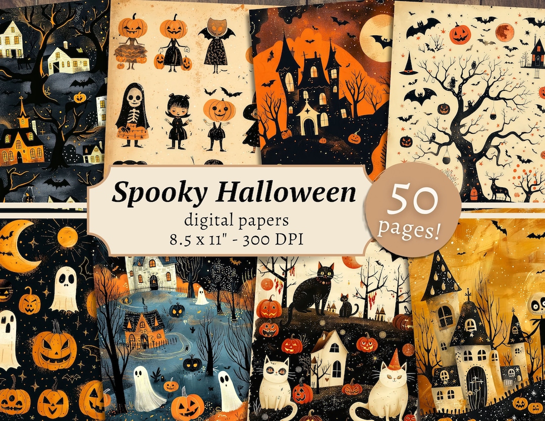 Spooky Halloween Digital Papers, Whimsical Scrapbook Pages, Pumpkin ...