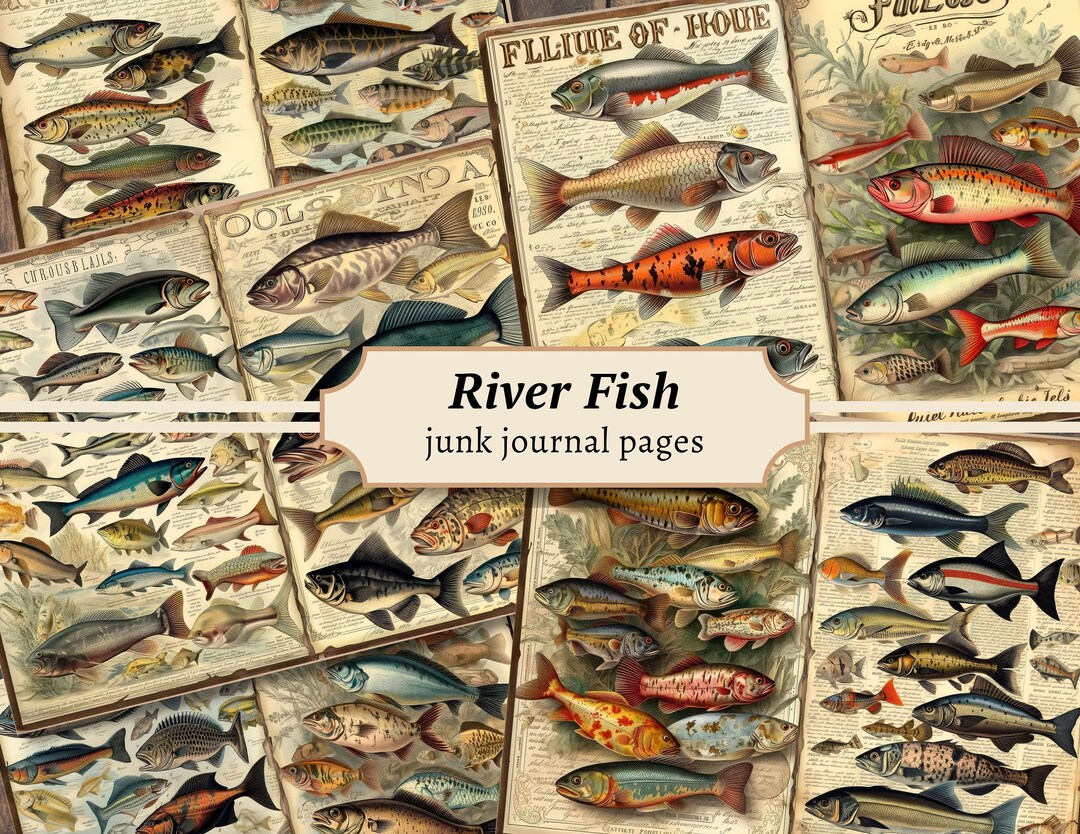 River Fish Junk Journal Pages, Digital Scrapbook Paper Kit, Marine ...