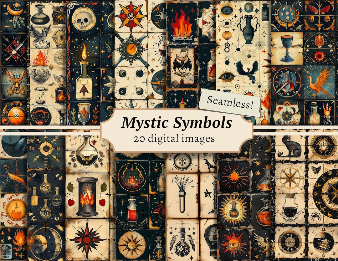 Mystic Symbols Seamless Digital Papers, Scrapbook Background Kit, Dark ...
