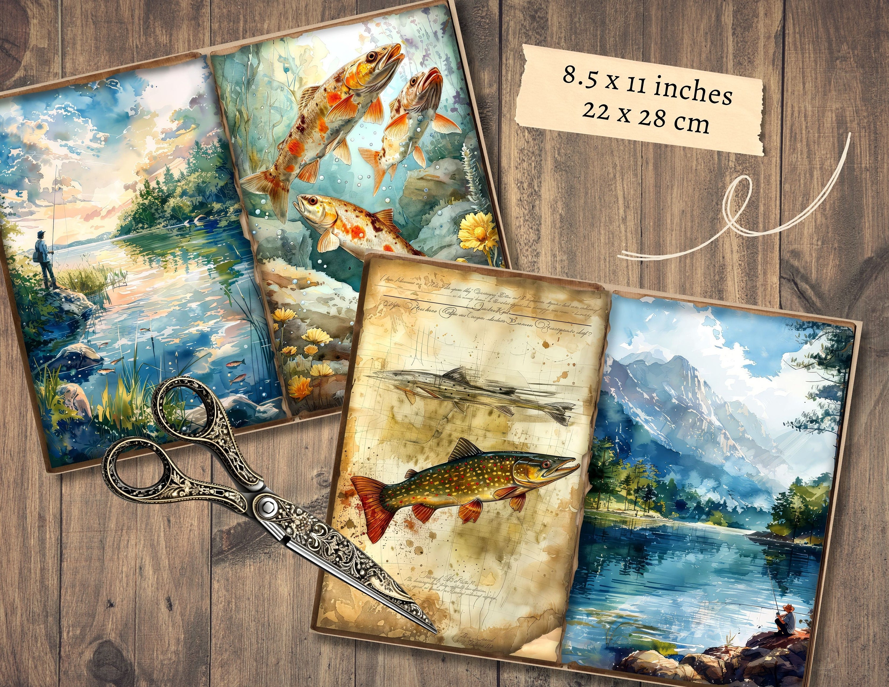 Fishing Junk Journal Pages, Digital Scrapbook Paper Kit, Fisherman ...