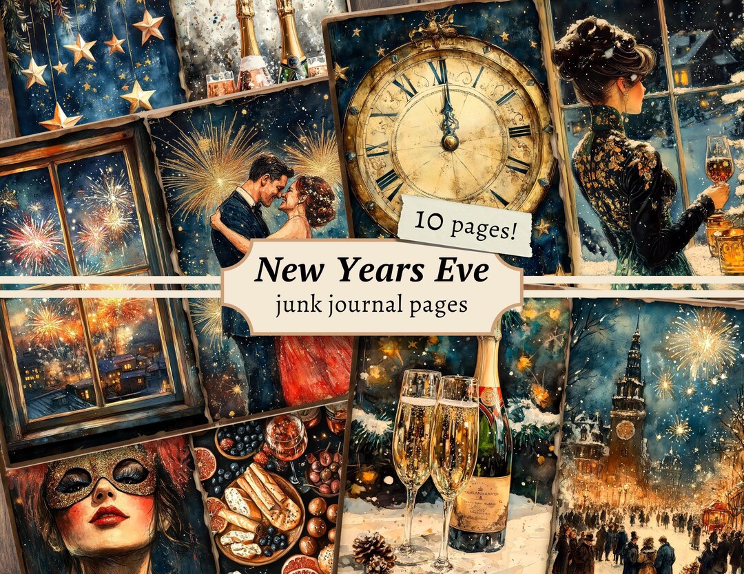 New Years Eve Junk Journal Pages, Digital Scrapbook, Fireworks Paper ...