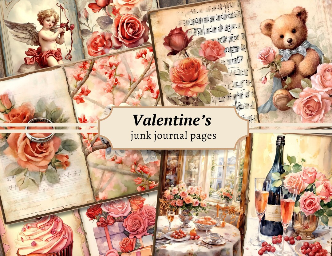 Valentine's Day Junk Journal Pages, Digital Scrapbook Paper Kit, Rose ...