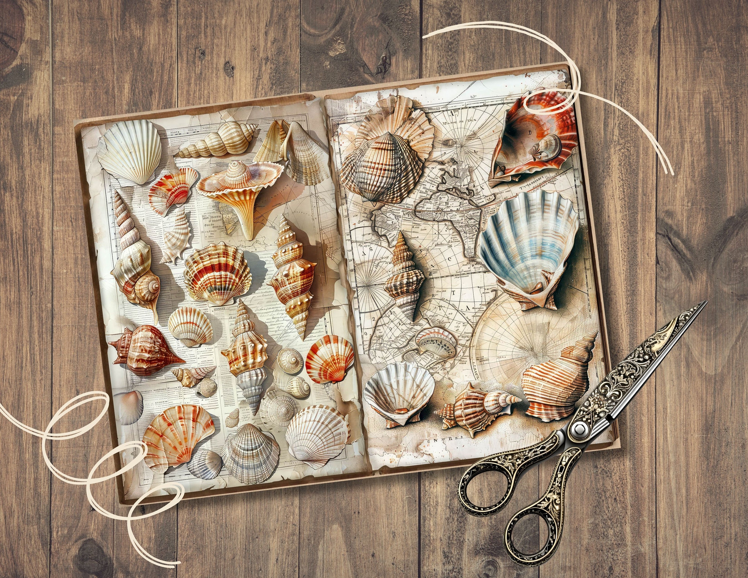 Vintage Shells Junk Journal Pages, Digital Scrapbook Paper Kit, Coastal ...