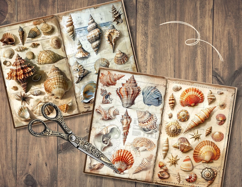 Vintage Shells Junk Journal Pages, Digital Scrapbook Paper Kit, Coastal ...