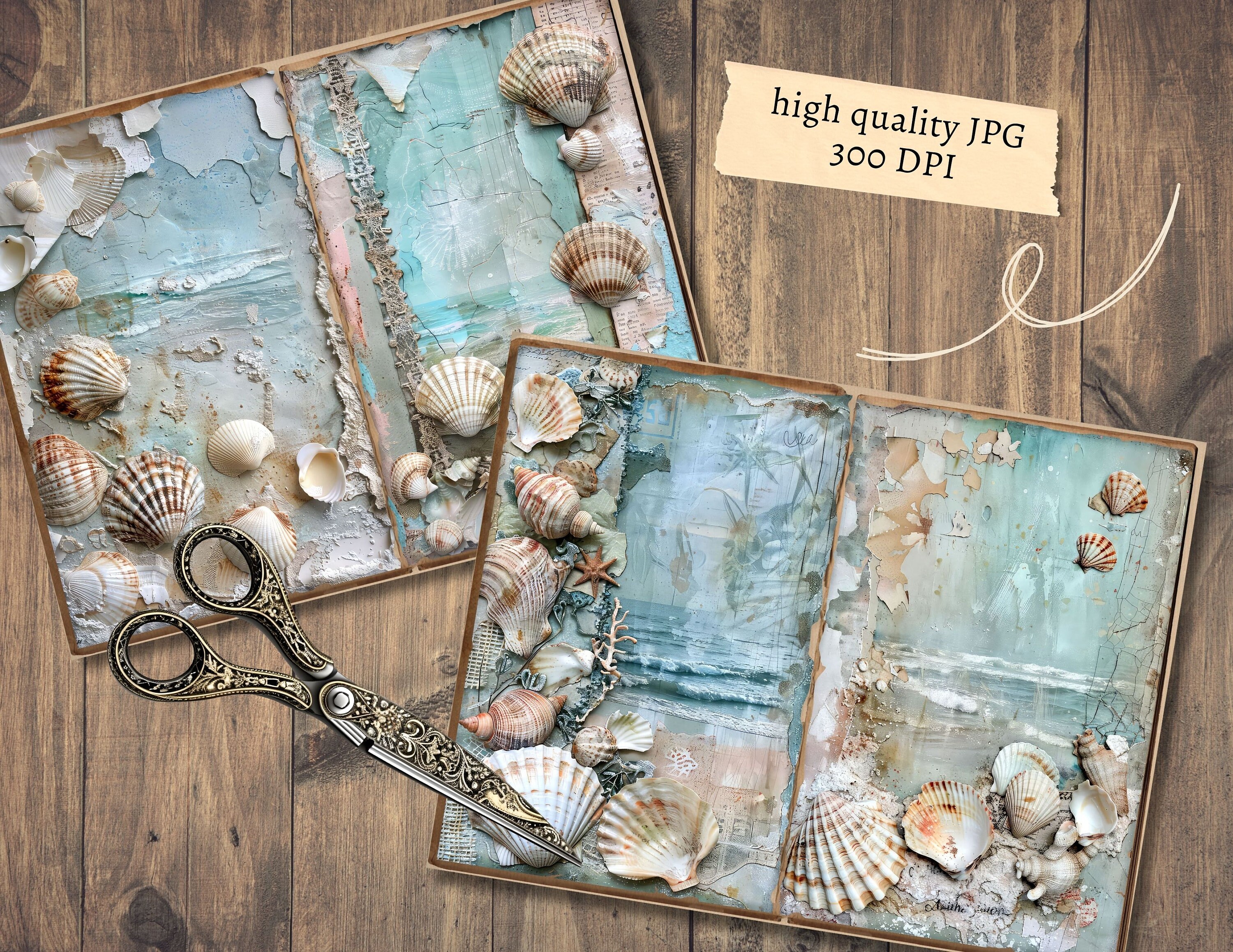 Shabby Shells Junk Journal Pages, Digital Scrapbook Paper Kit, Coastal ...