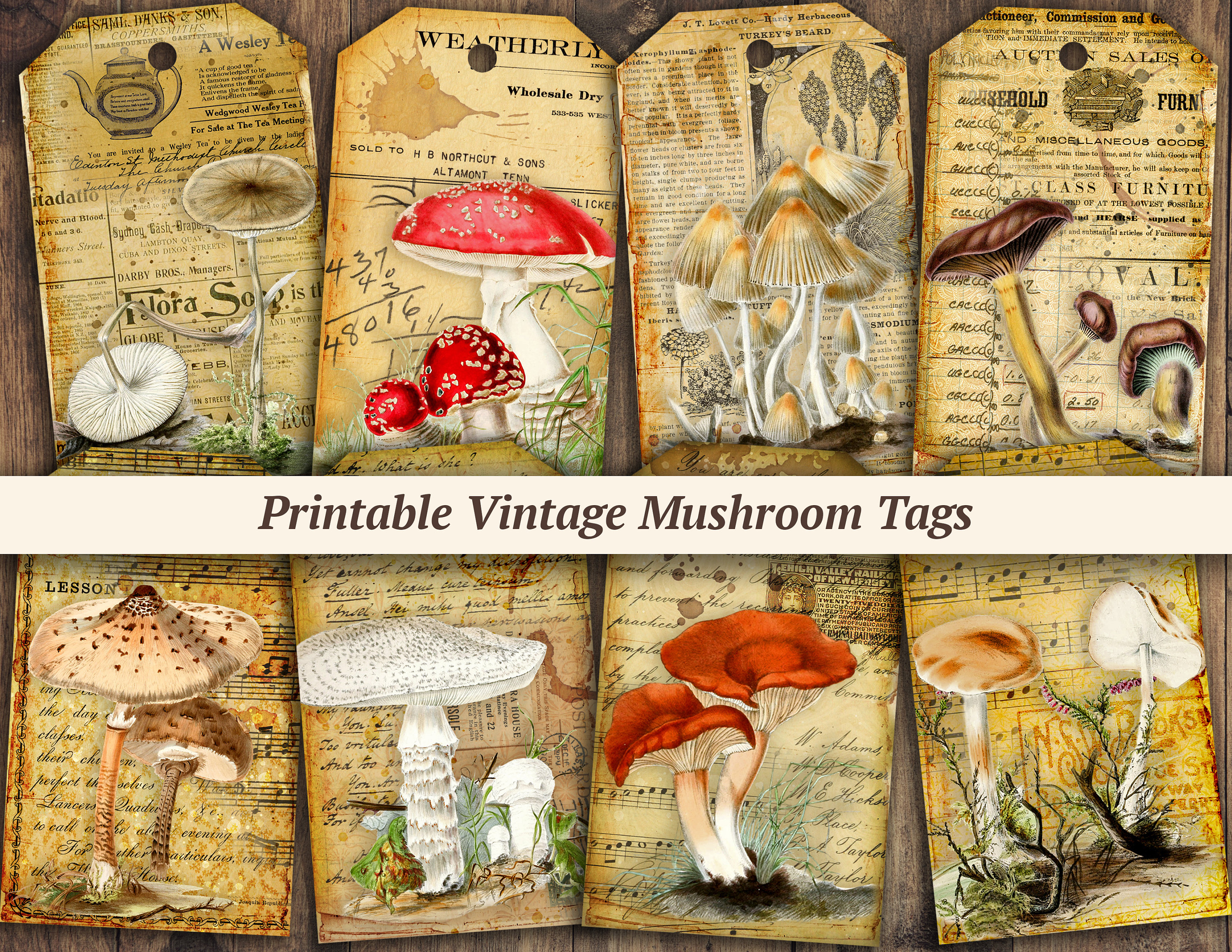 Vintage Mushroom Tags | Printable Junk Journal Ephemera Pack, Botanical ...