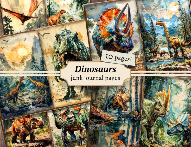 Dinosaurs Junk Journal Pages, Digital Scrapbook Paper Kit, Prehistoric ...