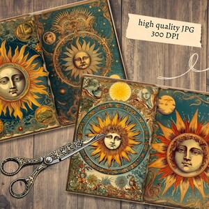 Antique Sun Junk Journal Pages, Digital Scrapbook Paper Kit, Celestial ...