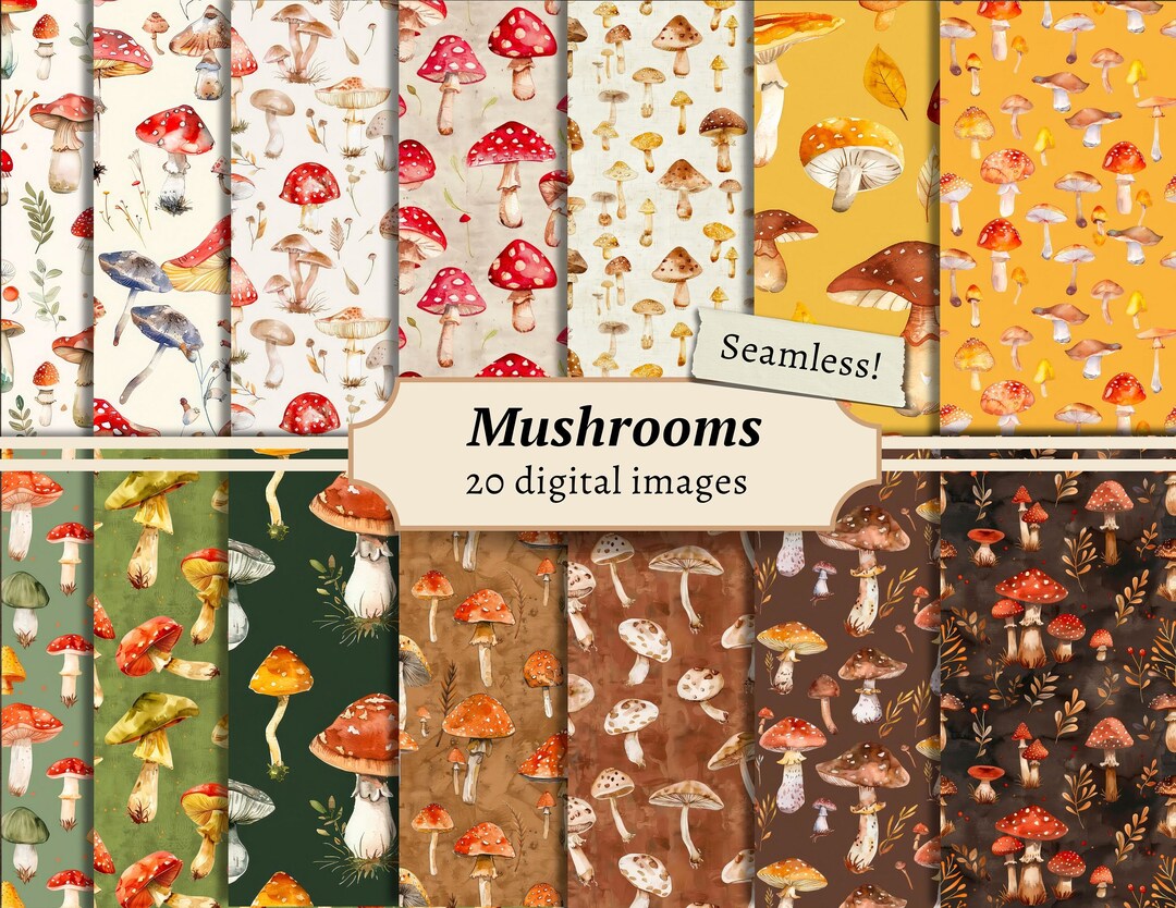 Watercolor Mushrooms Digital Papers, Seamless Patterns, Scrapbook ...
