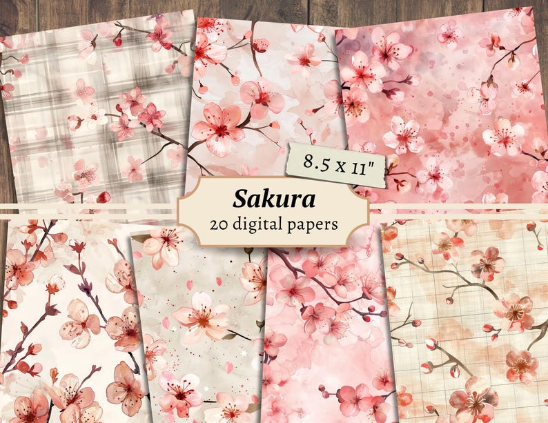 Sakura Digital Papers, Cherry Blossom Scrapbook Kit, Oriental Printable ...