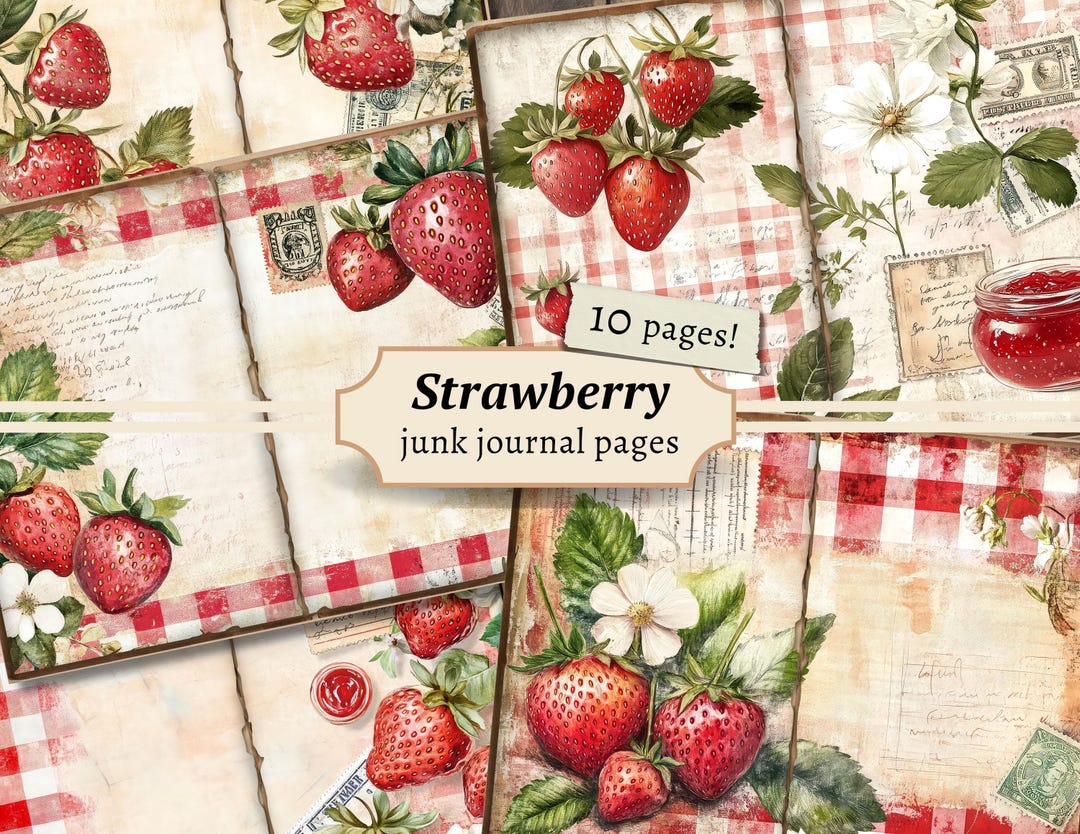 Strawberry Junk Journal Pages, Digital Scrapbook Paper, Gingham ...