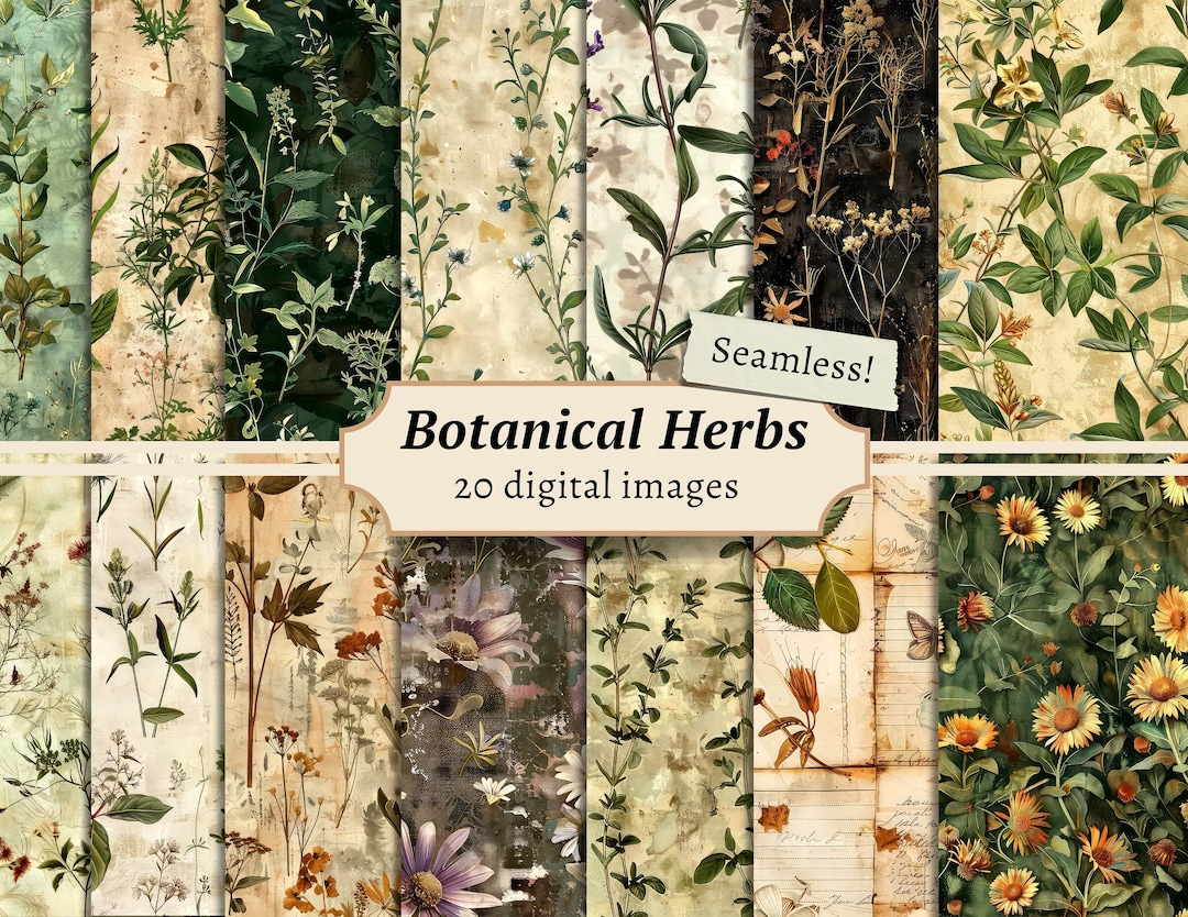 Botanical Herbs Seamless Patterns, Digital Paper Kit, Herbal Scrapbook ...