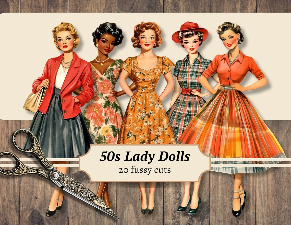 50s Women Paper Dolls, Retro Lady Fussy Cuts, Digital Ephemera, Vintage ...