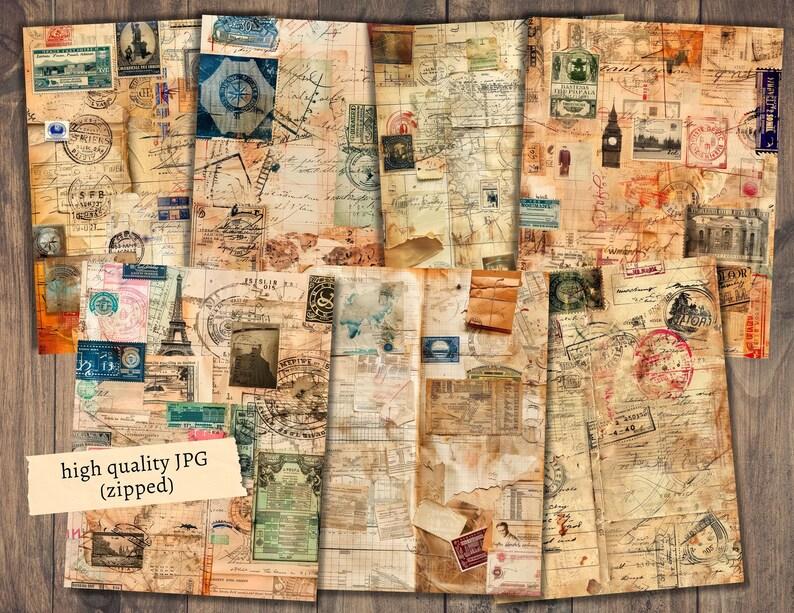 Travel Documents Digital Papers, Postage Stamps Scrapbook Kit, Maps ...