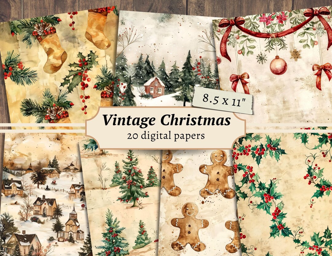 Vintage Christmas Digital Papers, Scrapbook Kit, Holidays Ephemera ...