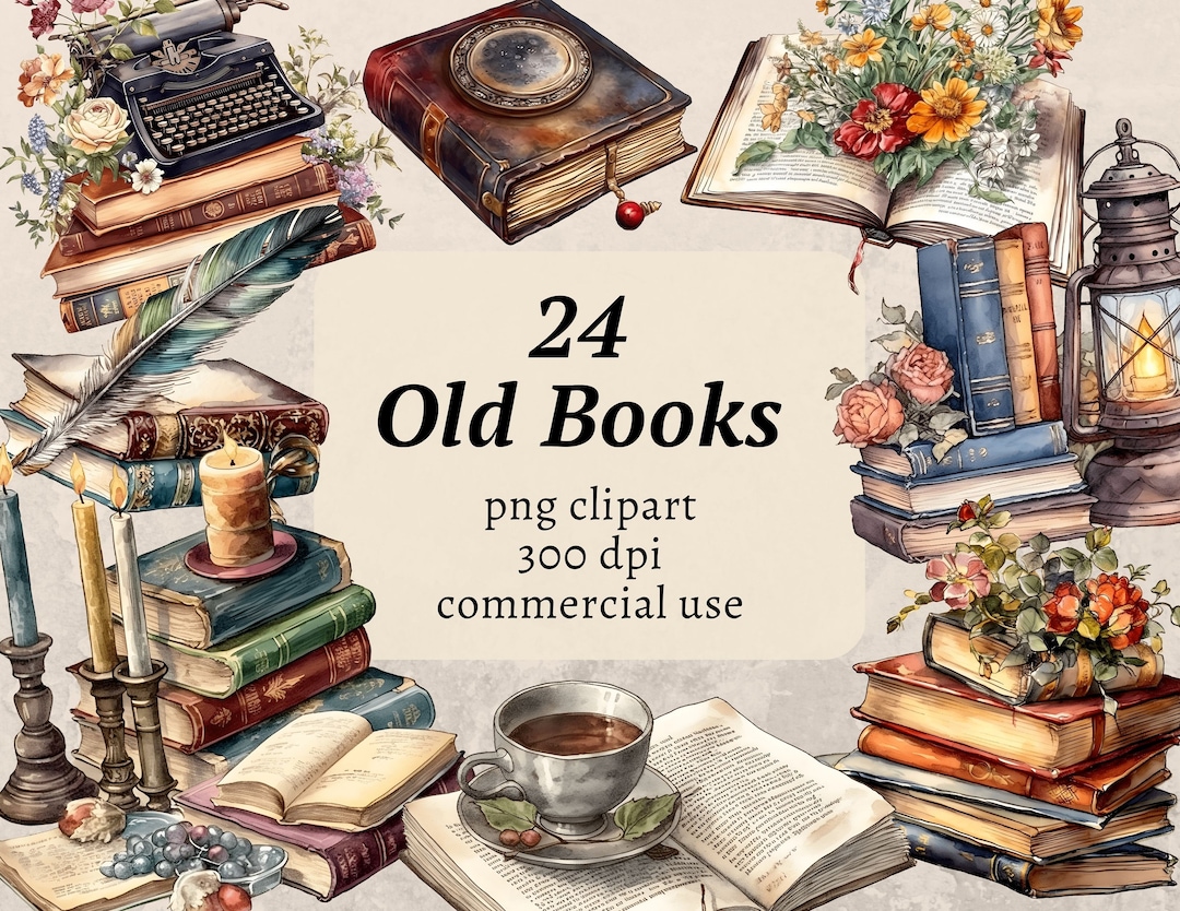 Watercolor Books Clipart, Vintage Books Clip Art, Antique Book PNG ...