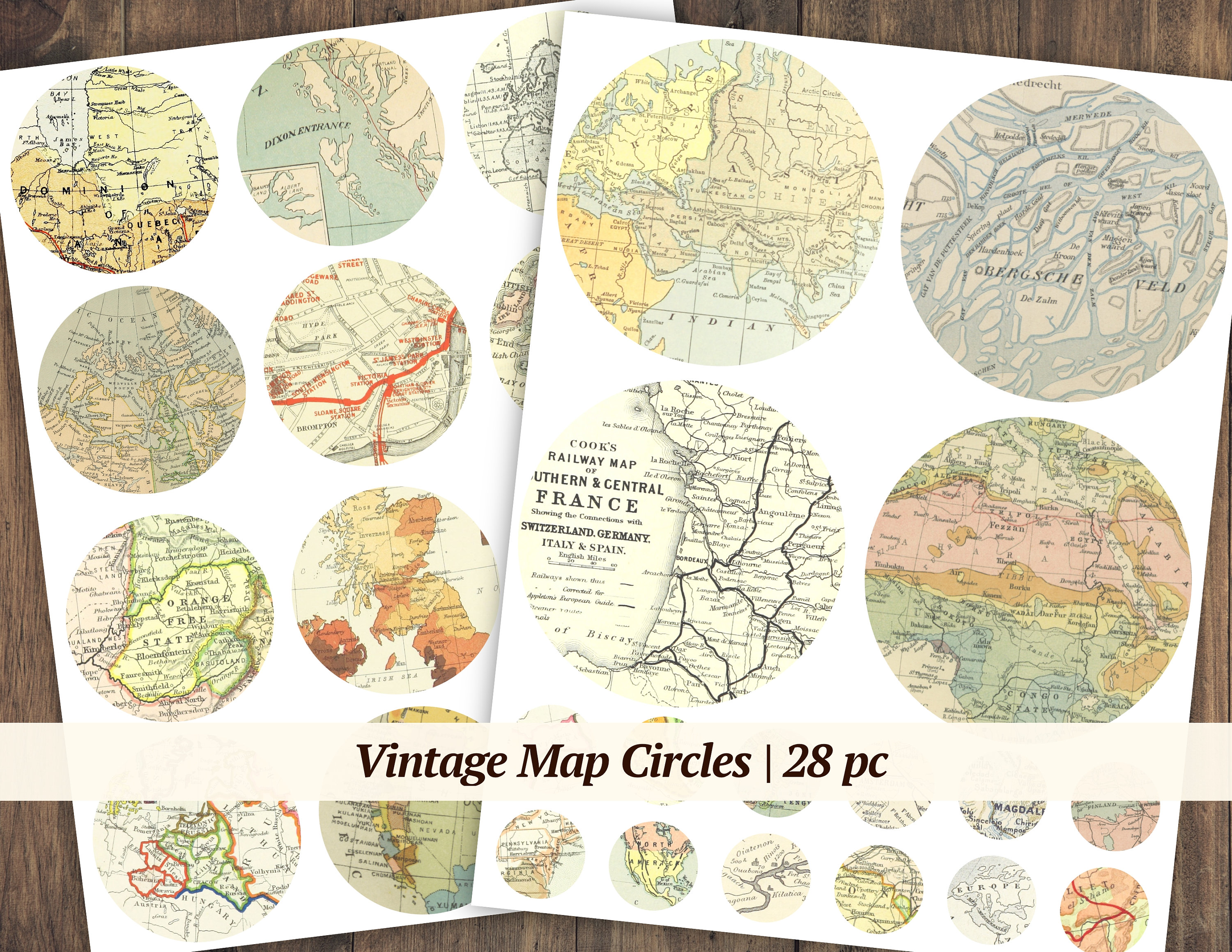 Vintage Map Ephemera Circles 28 Pc Printable World Map - Etsy
