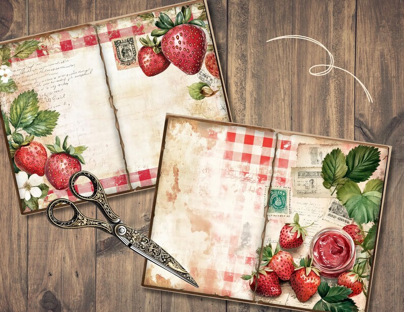 Strawberry Junk Journal Pages, Digital Scrapbook Paper, Gingham ...