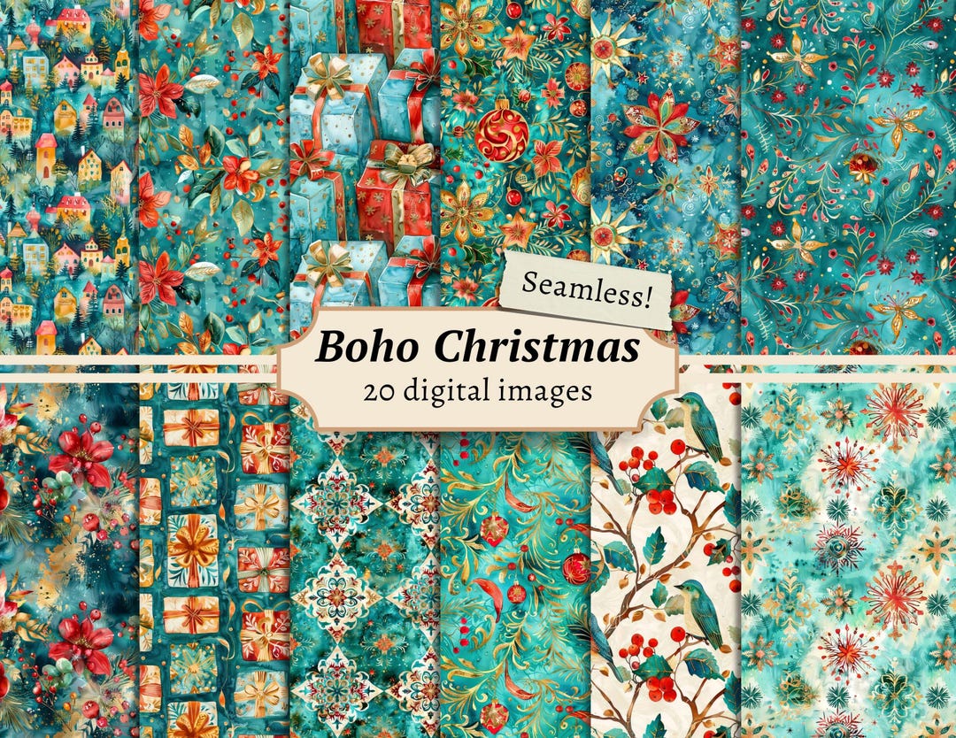 Boho Christmas Digital Papers, Scrapbook Backgrounds, Bohemian ...