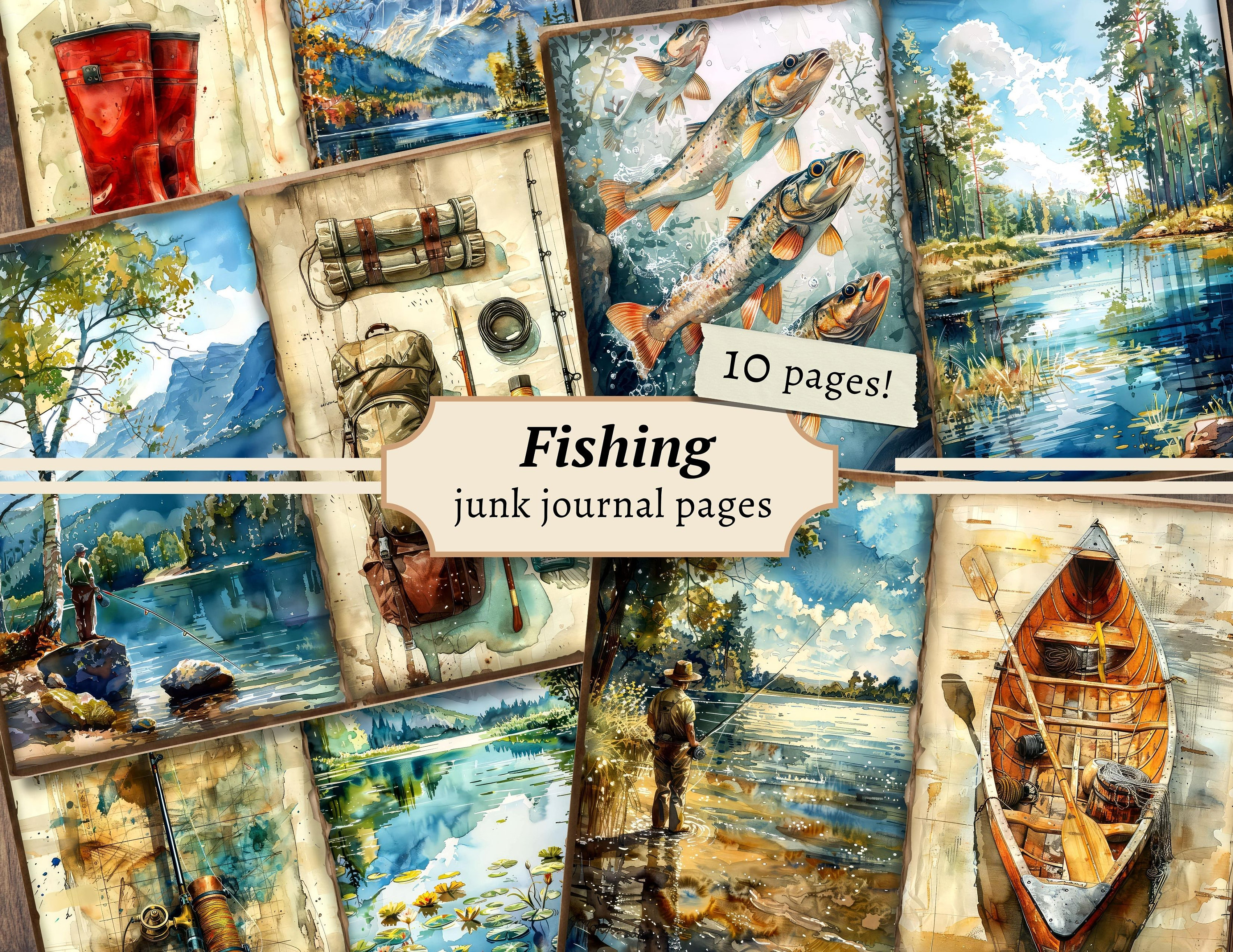 Fishing Junk Journal Pages, Digital Scrapbook Paper Kit, Fisherman ...