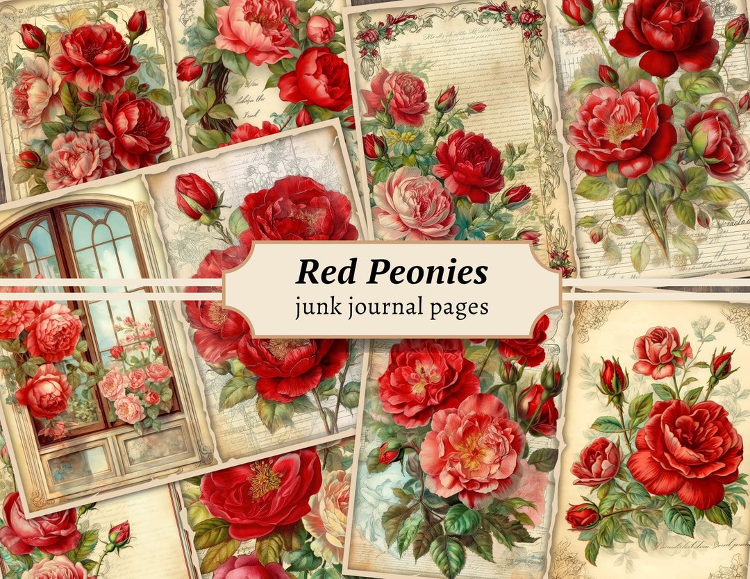 Red Peonies Junk Journal Pages, Vintage Floral Paper Kit, Digital ...