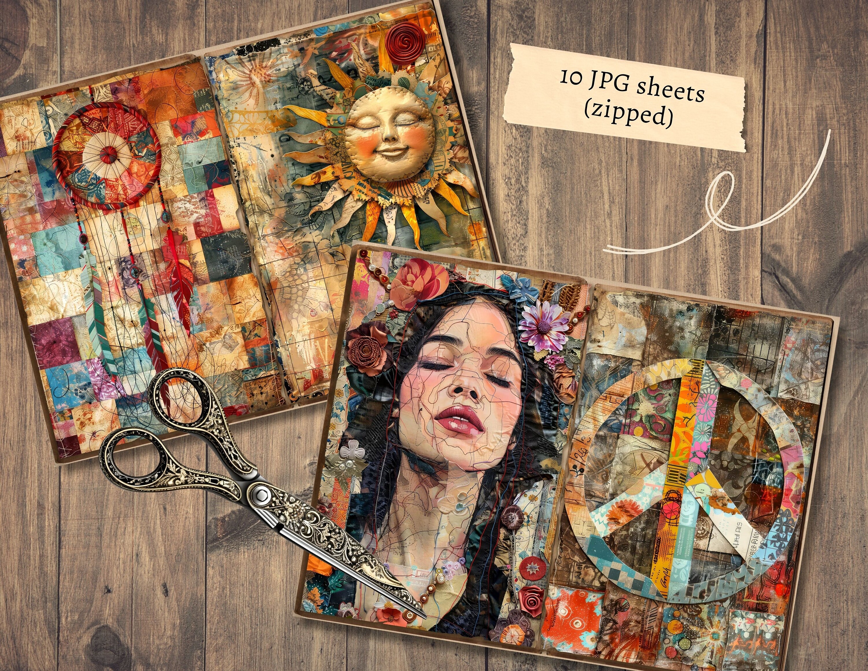 Hippie Patchwork Junk Journal Pages, Digital Scrapbook Paper Kit ...