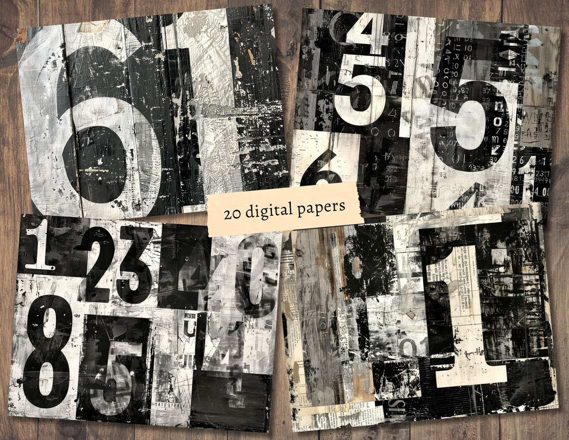 Grunge Number Backgrounds, Textured Junk Journal Pages, Digital ...