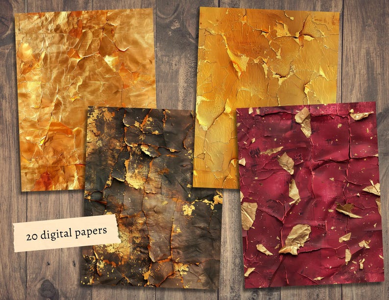 Gold Foil Digital Papers, Distressed Scrapbook Kit, Gold Printable ...