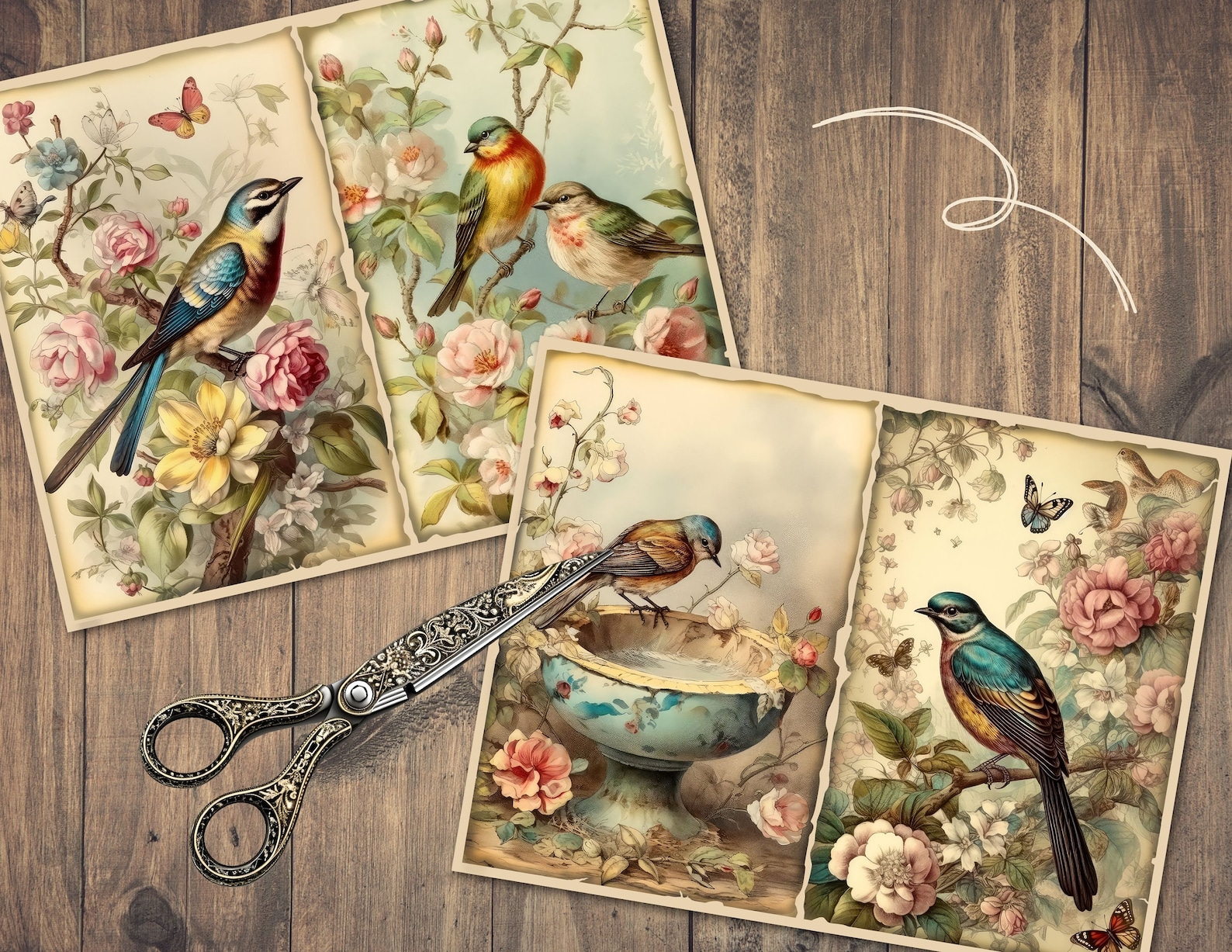 Vintage Bird Junk Journal Pages, Digital Floral Scrapbook Paper Kit ...